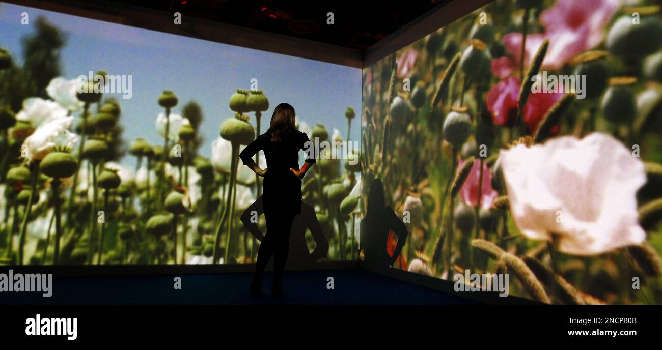 A gallery worker looks towards 'Afyon' by Mustafa Hulusi, a video ...