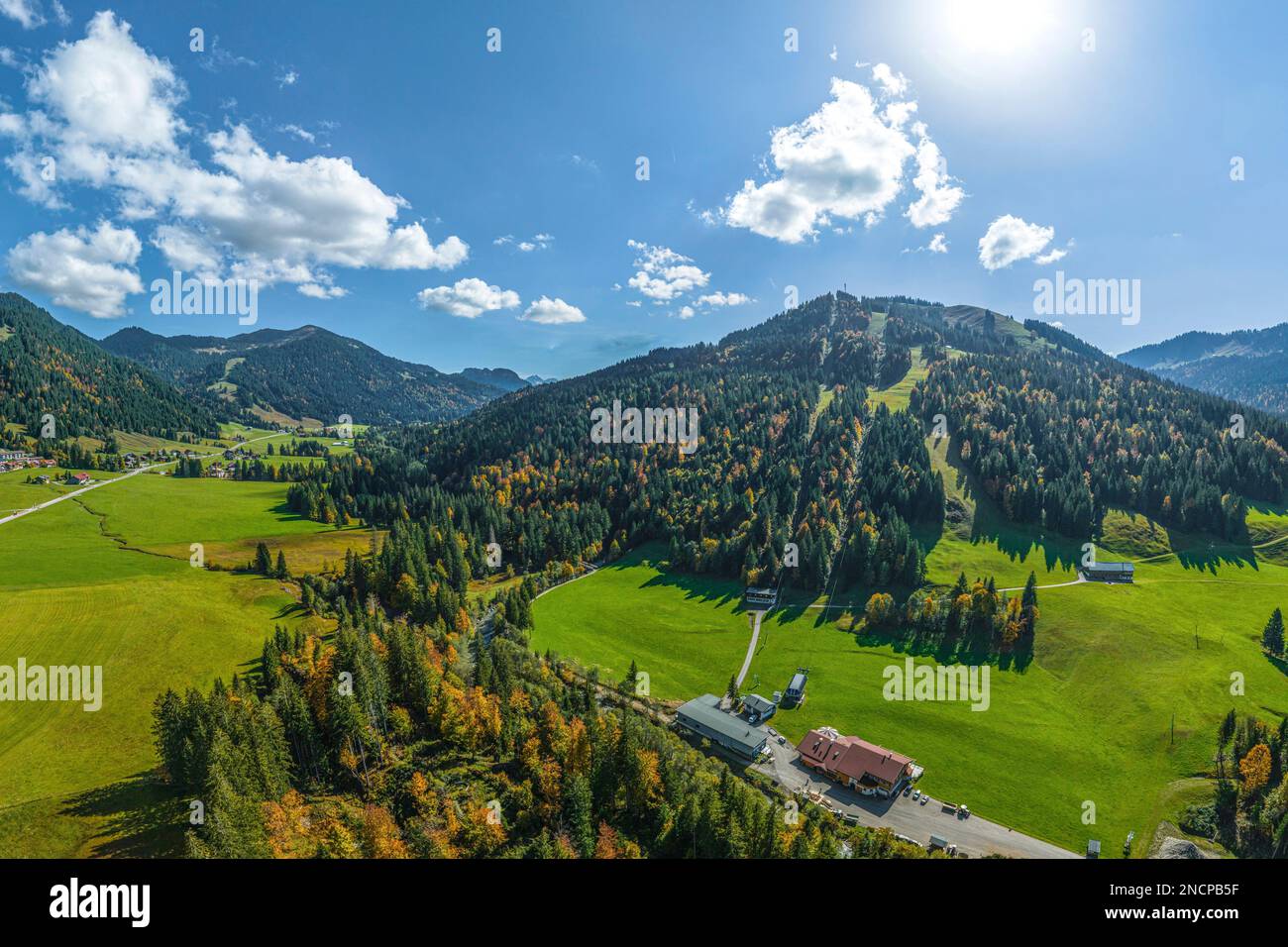 The alpine valley around Balderschwang in bavarian Allgaeu on a sunny ...