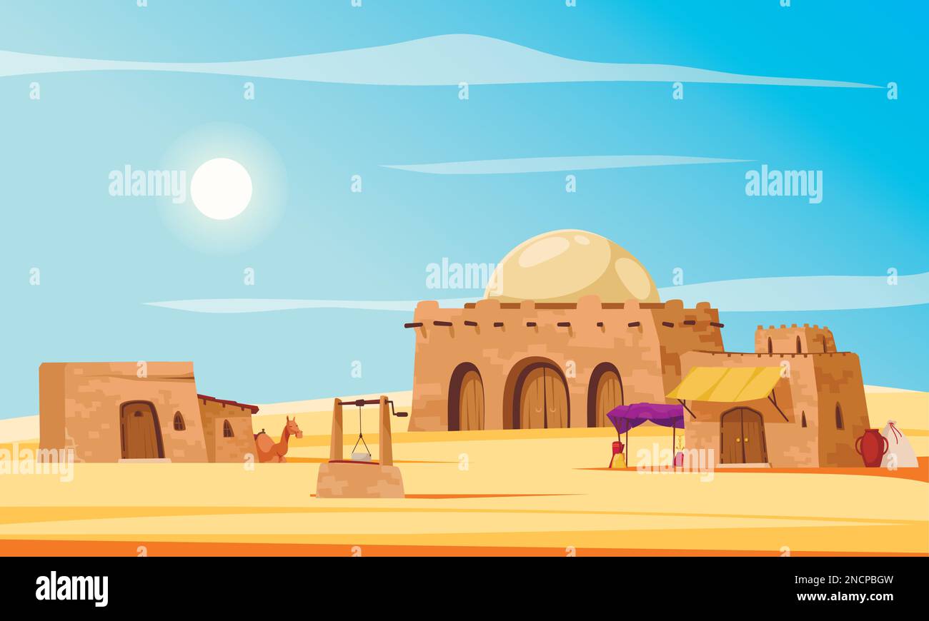 Arabic city cartoon poster with traditional desert town buildings ...