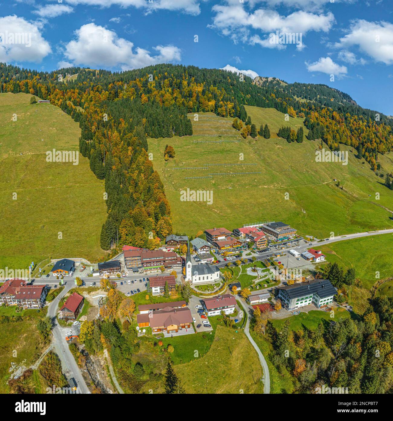 The alpine valley around Balderschwang in bavarian Allgaeu on a sunny ...