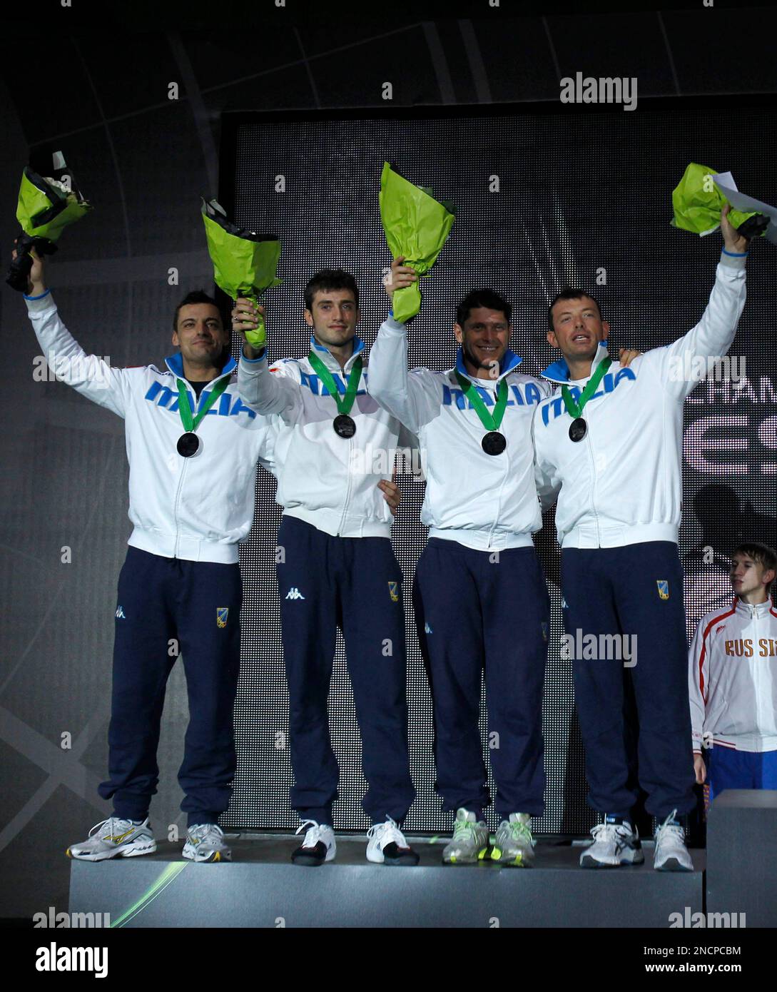 Italian team men team celebrate their silver medal in the team sabre ...