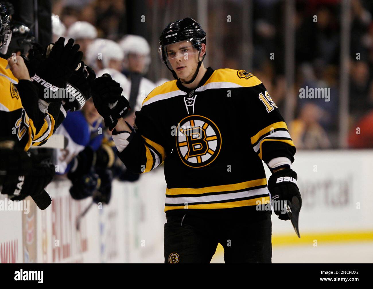 Boston Bruins center Tyler Seguin is congratulated after scoring during ...
