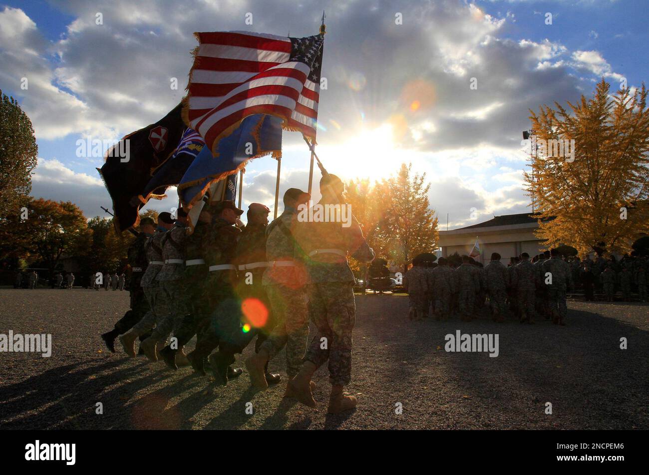 U.N. Command honor guards carry the flags during a change of command ...