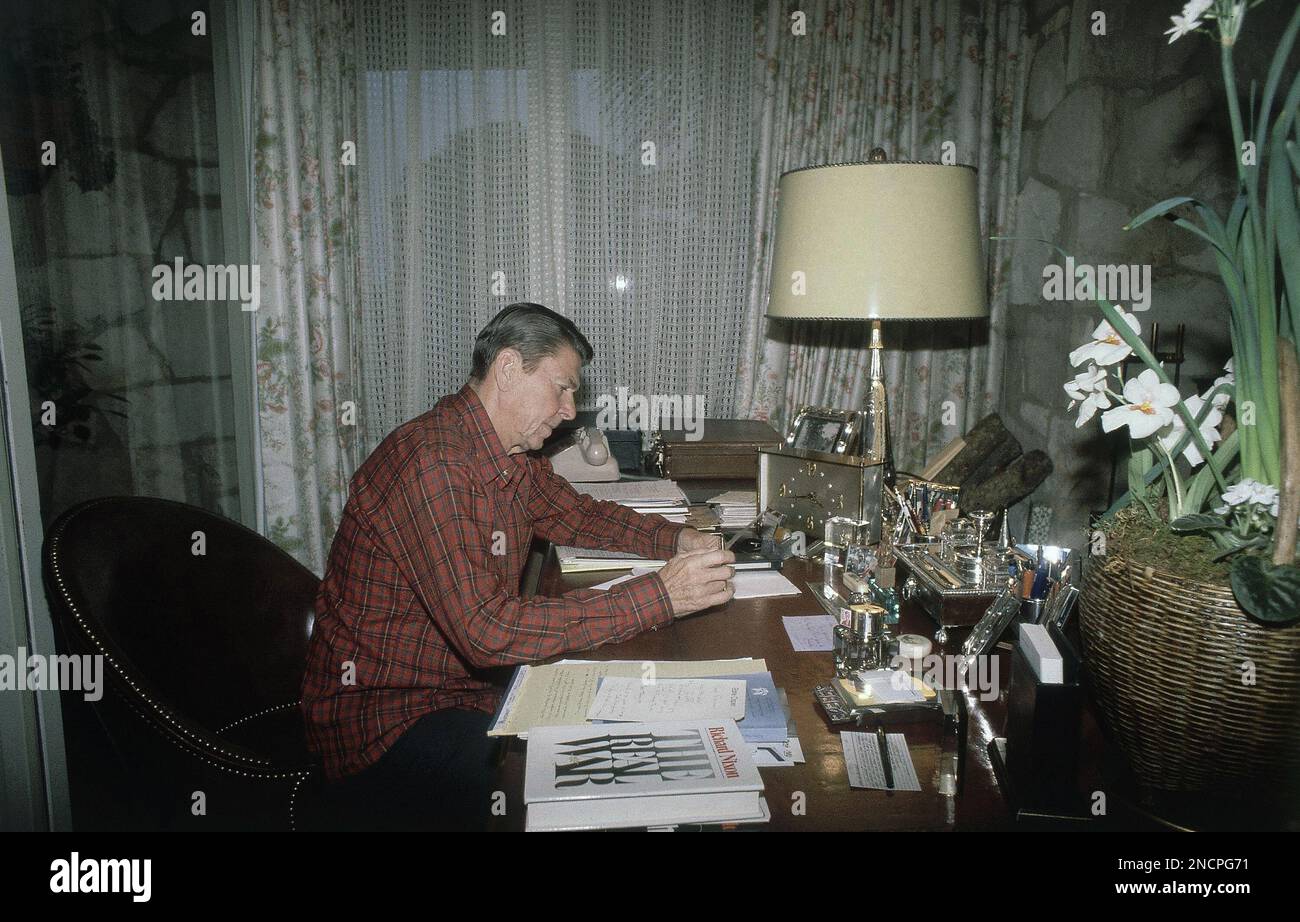 President Ronald Reagan at work in his Pacific Palisades, California ...