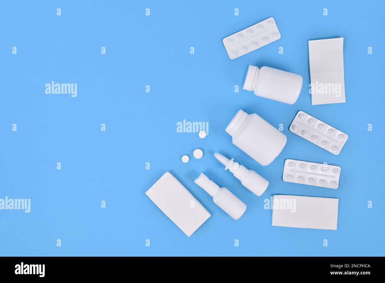 Medication for cold and flue. Nasal spray, throat spray, pills and ...