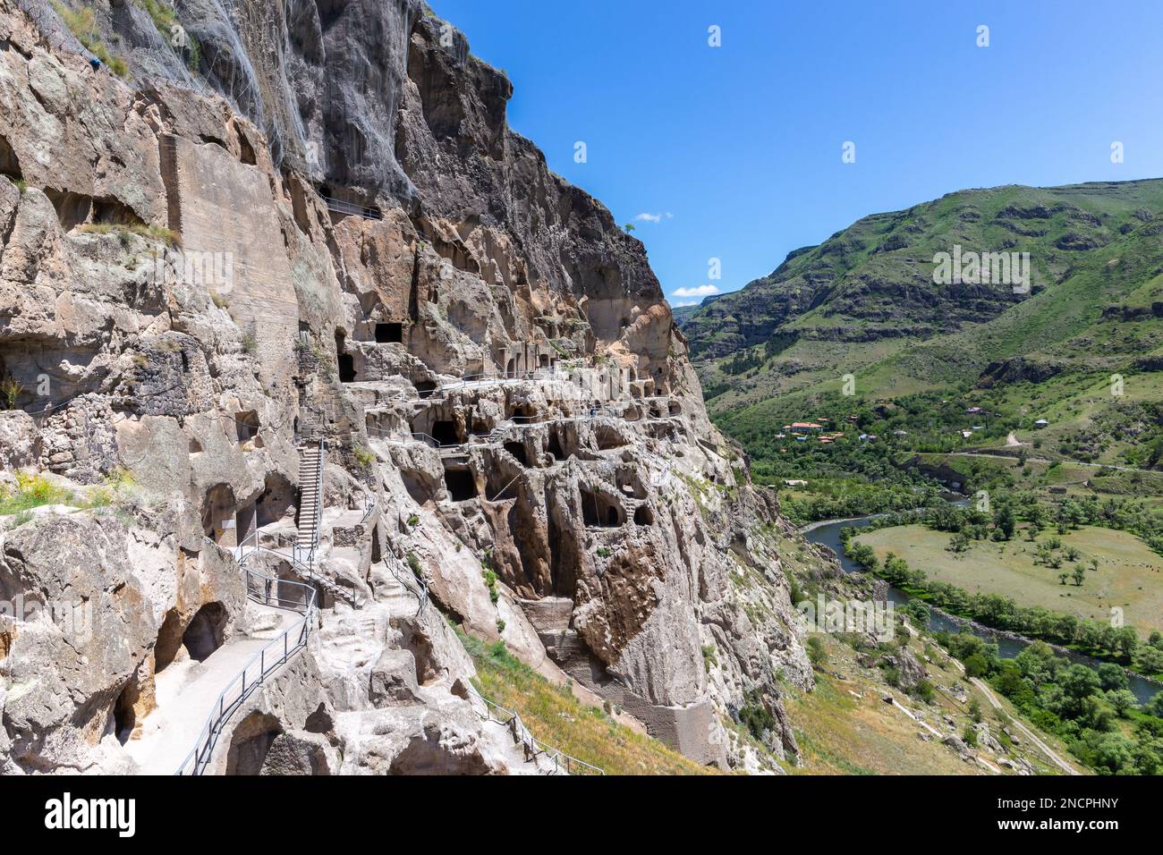Vardzia cave monastery complex in Georgia, mountain slope with caves ...
