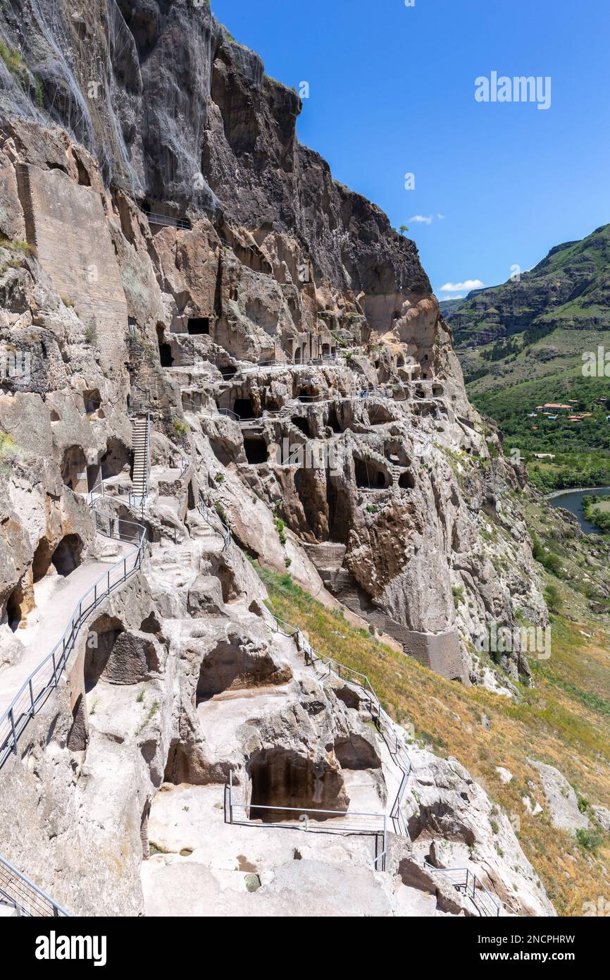 Vardzia cave monastery complex in Georgia, mountain slope with caves ...