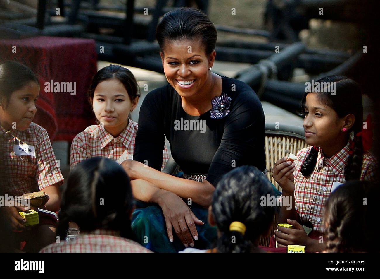 U.S. first lady Michelle Obama speaks to students during a visit to the ...