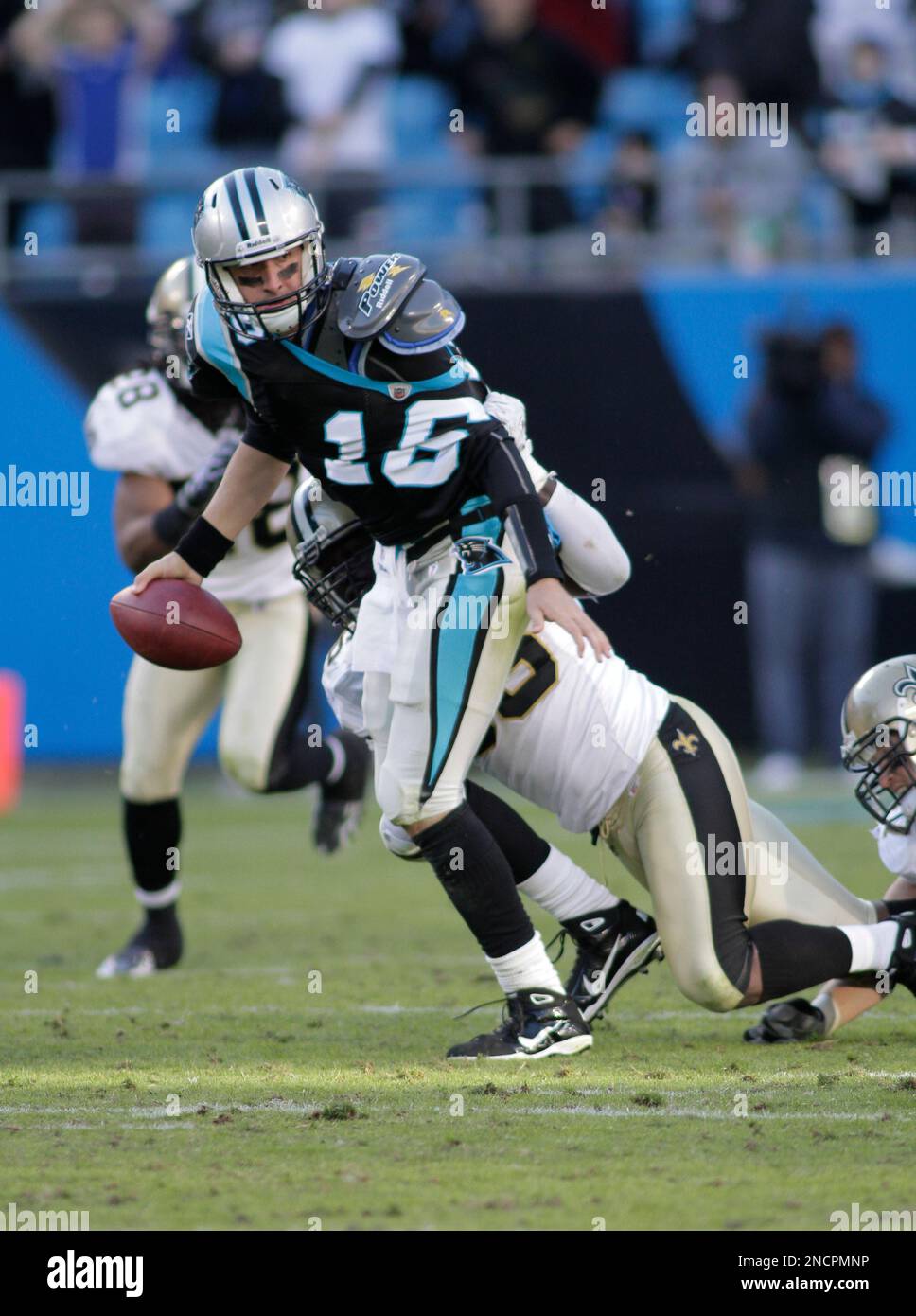 Carolina Panthers quarterback Tony Pike (16) is sacked by New Orleans ...