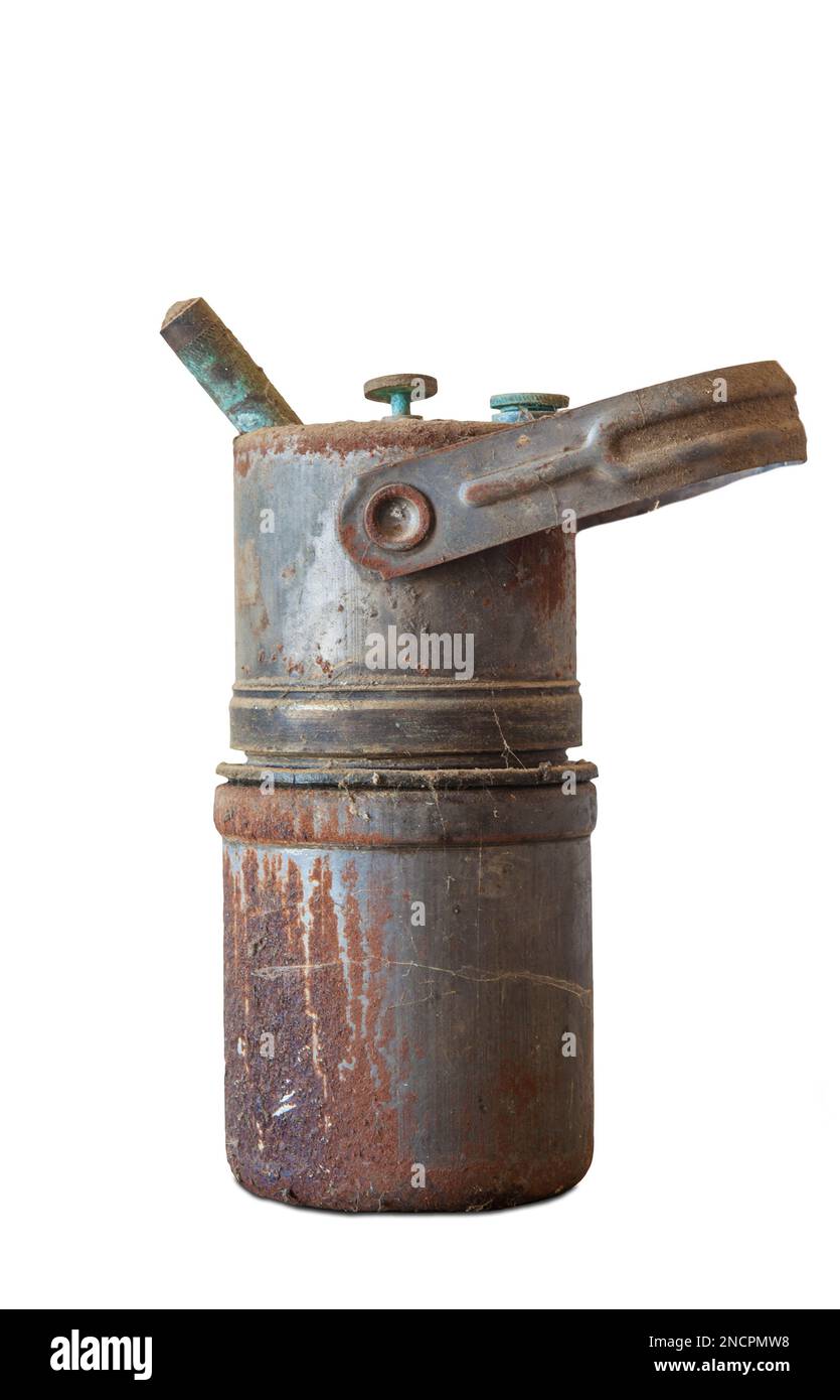 Old rusty carbide lamp. Acetylene gas lamps. Isolated over white Stock ...