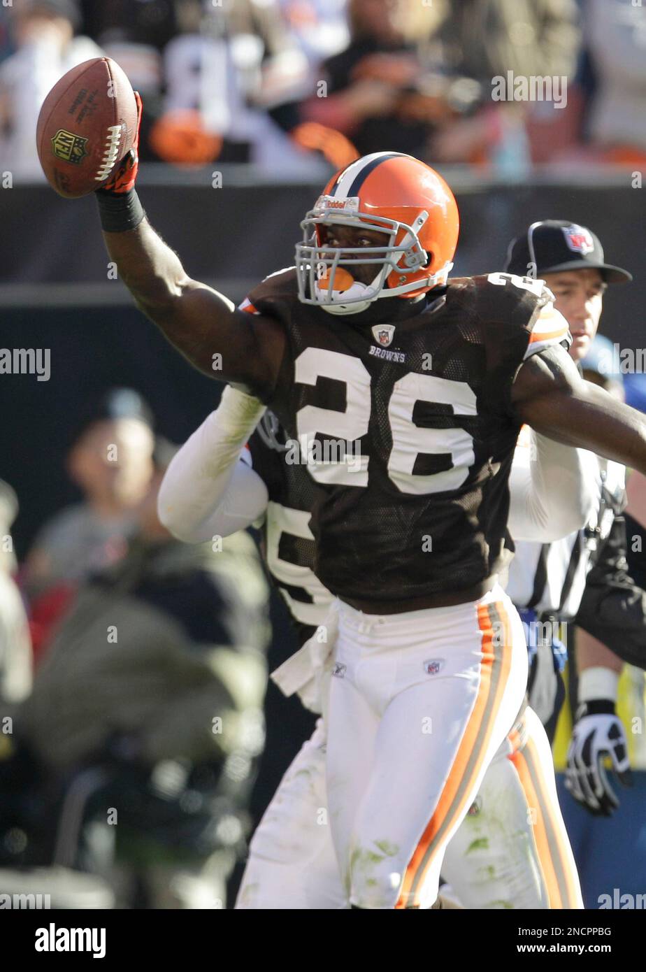 Cleveland Browns safety Abram Elam (26) celebrates a fumble recovery ...