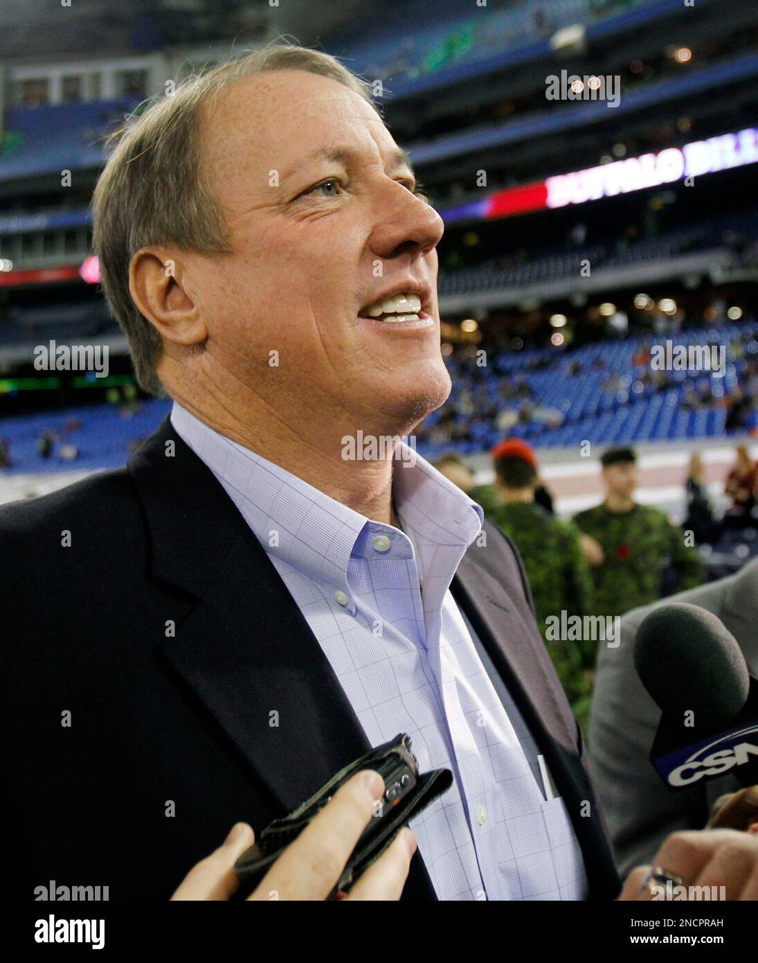Buffalo Bills Hall of Fame quarterback Jim Kelly talks to reporters ...
