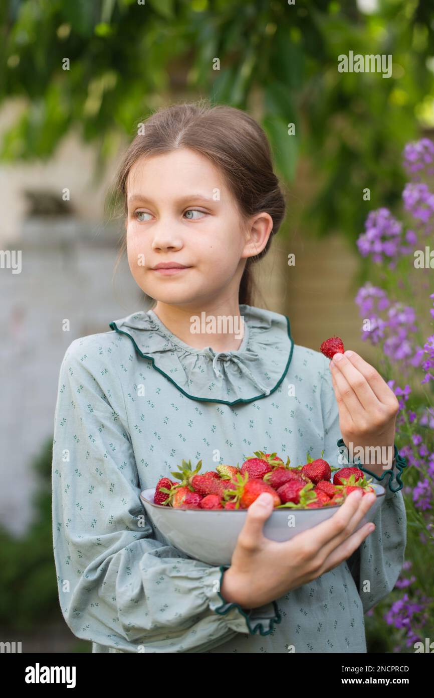 Cute little girl in a vintage dress with a bowl of ripe strawberries in ...