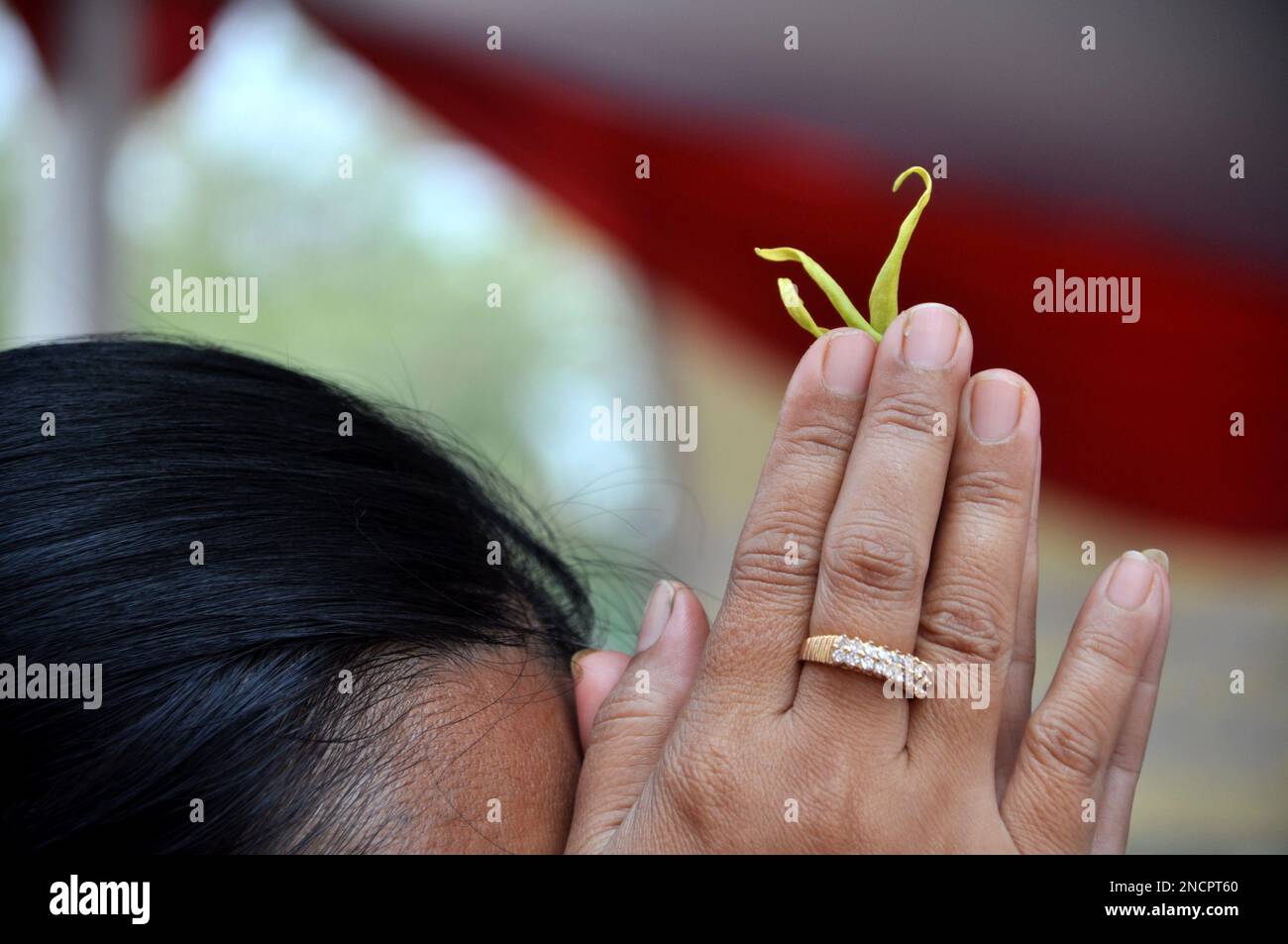 Position of hands clasping flowers in hindu prayer Stock Photo - Alamy