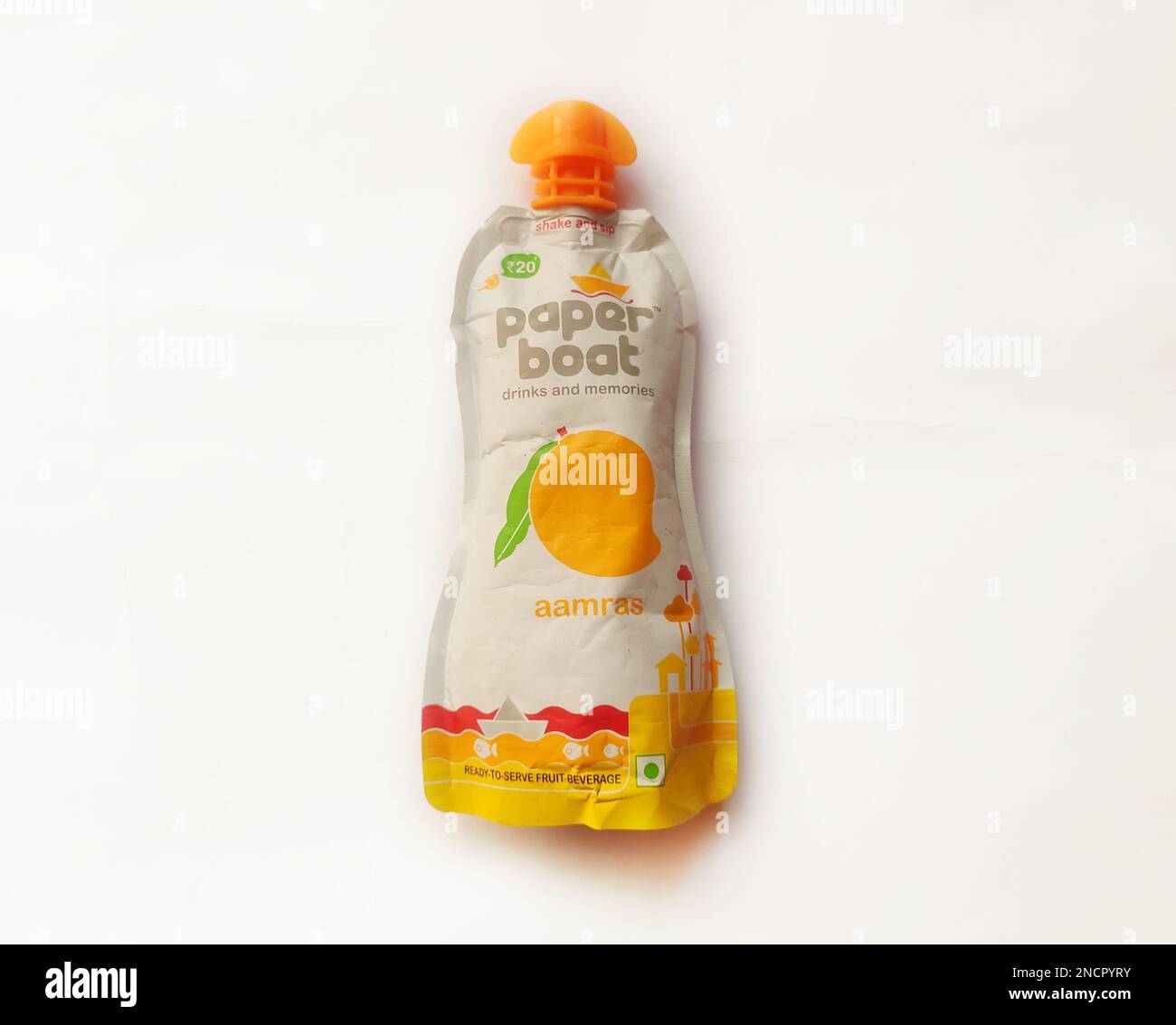 Paper Boat Aamras, Mango Fruit Juice in isolated background Stock Photo ...