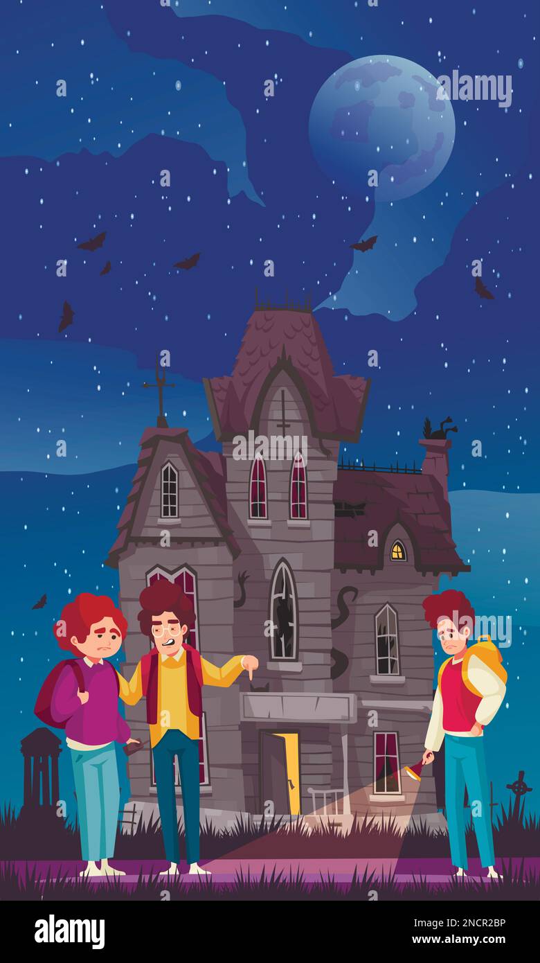 Scary house cartoon poster with teenagers in front of spooky building ...