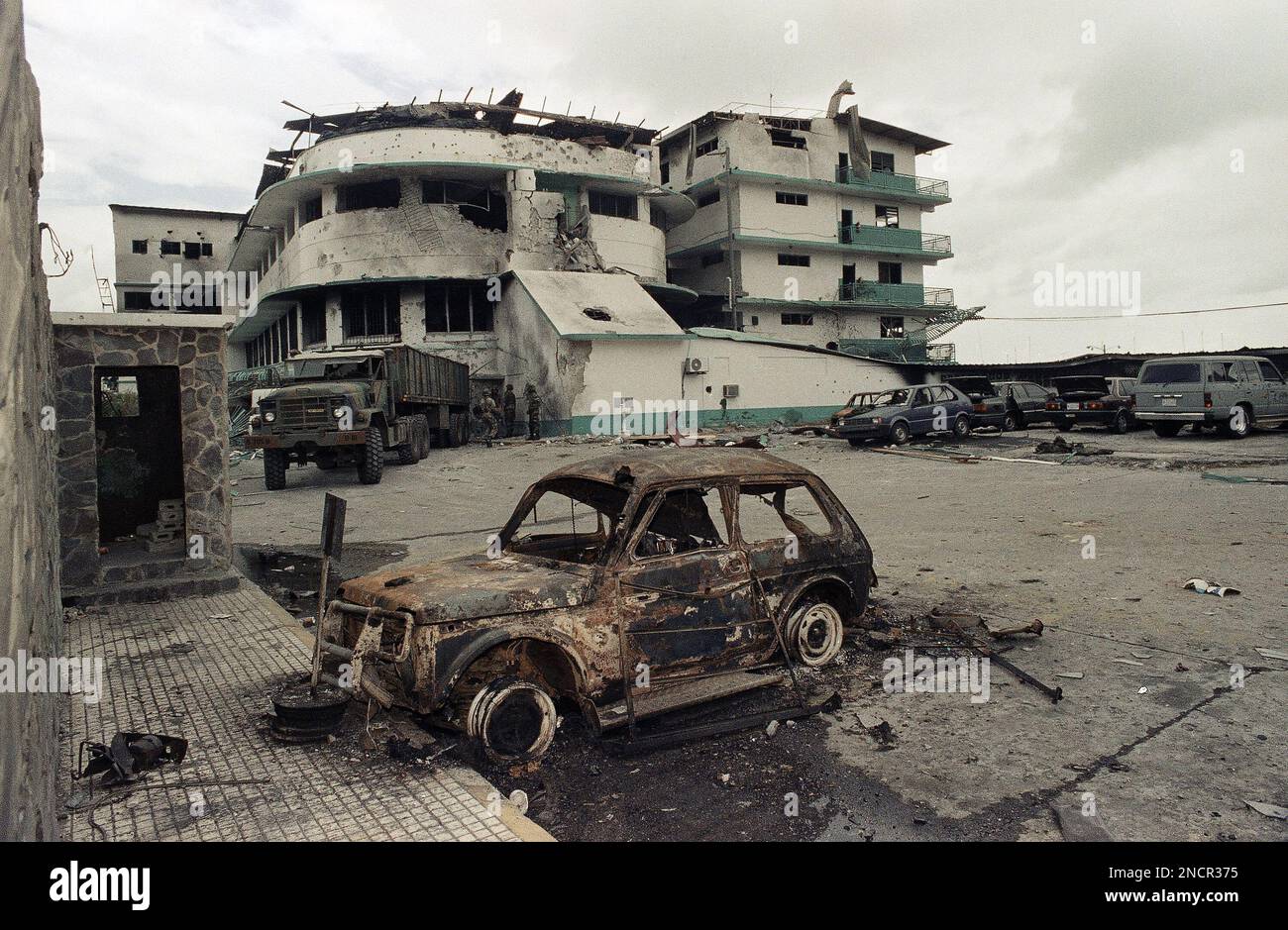 The bombed out Panamanian Defense Forces Headquarters, background ...
