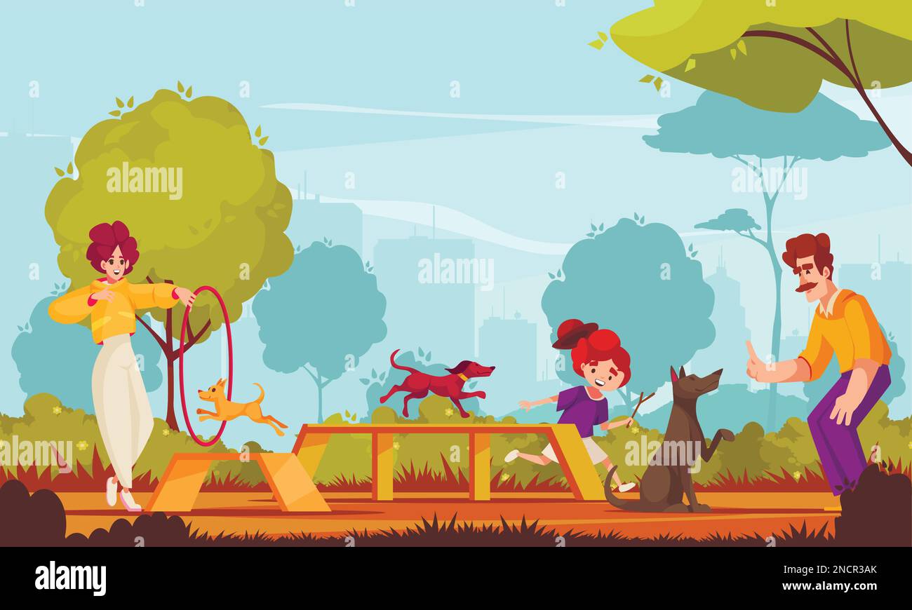 Dog playground cartoon poster with puppies playing and jumping vector ...