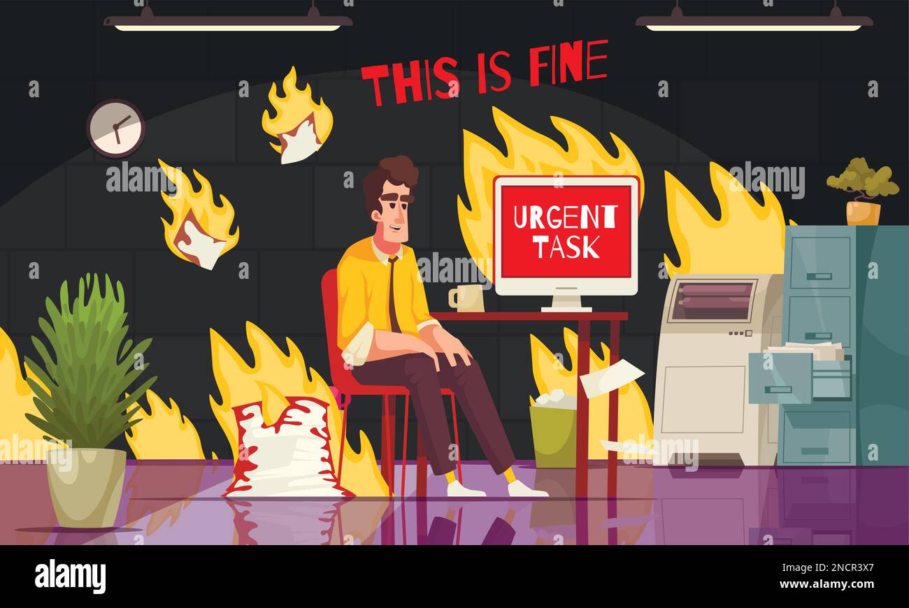Office stress cartoon concept with burnout man pressed by deadlines ...