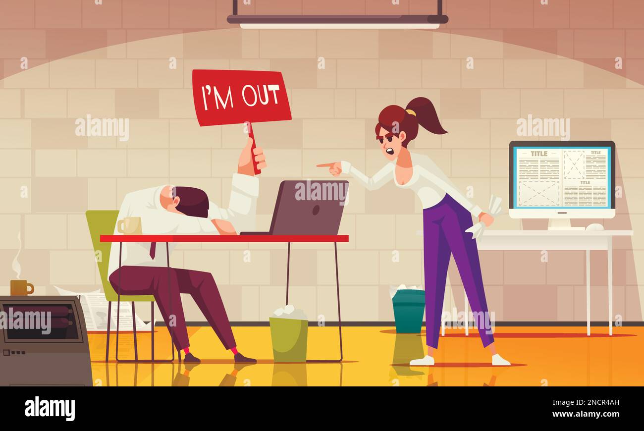 Office stress cartoon composition with woman shouting on stressed ...