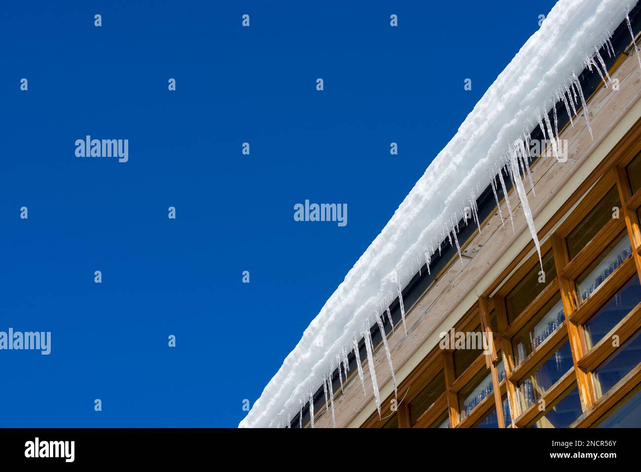 Ice icicles in a building at the Panticosa Spa in the Spanish Pyrenees ...