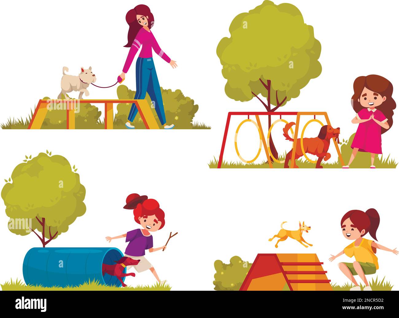 Dog playground cartoon composition set with children and adult teaching ...