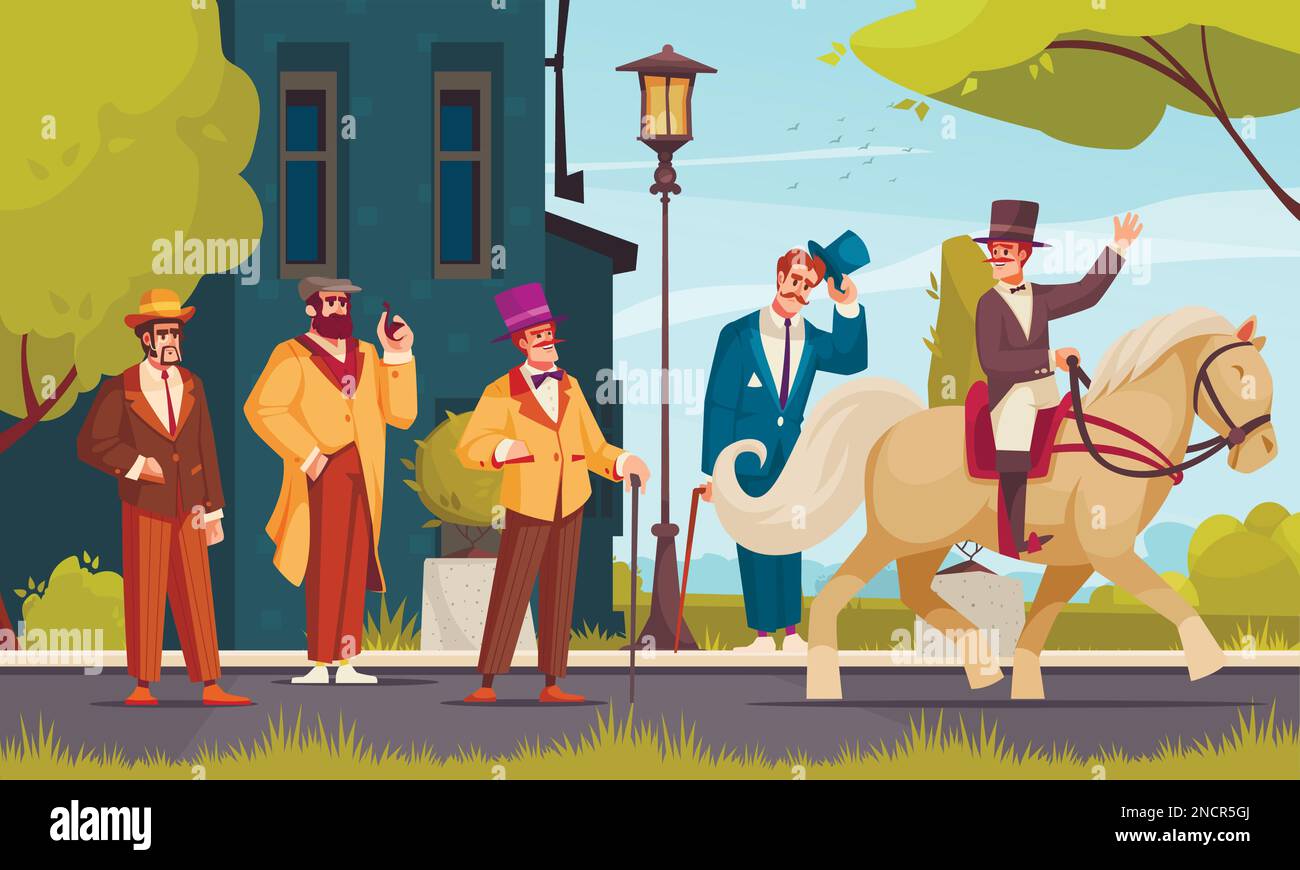 Gentlemen cartoon poster with men in old style fashionable clothes ...