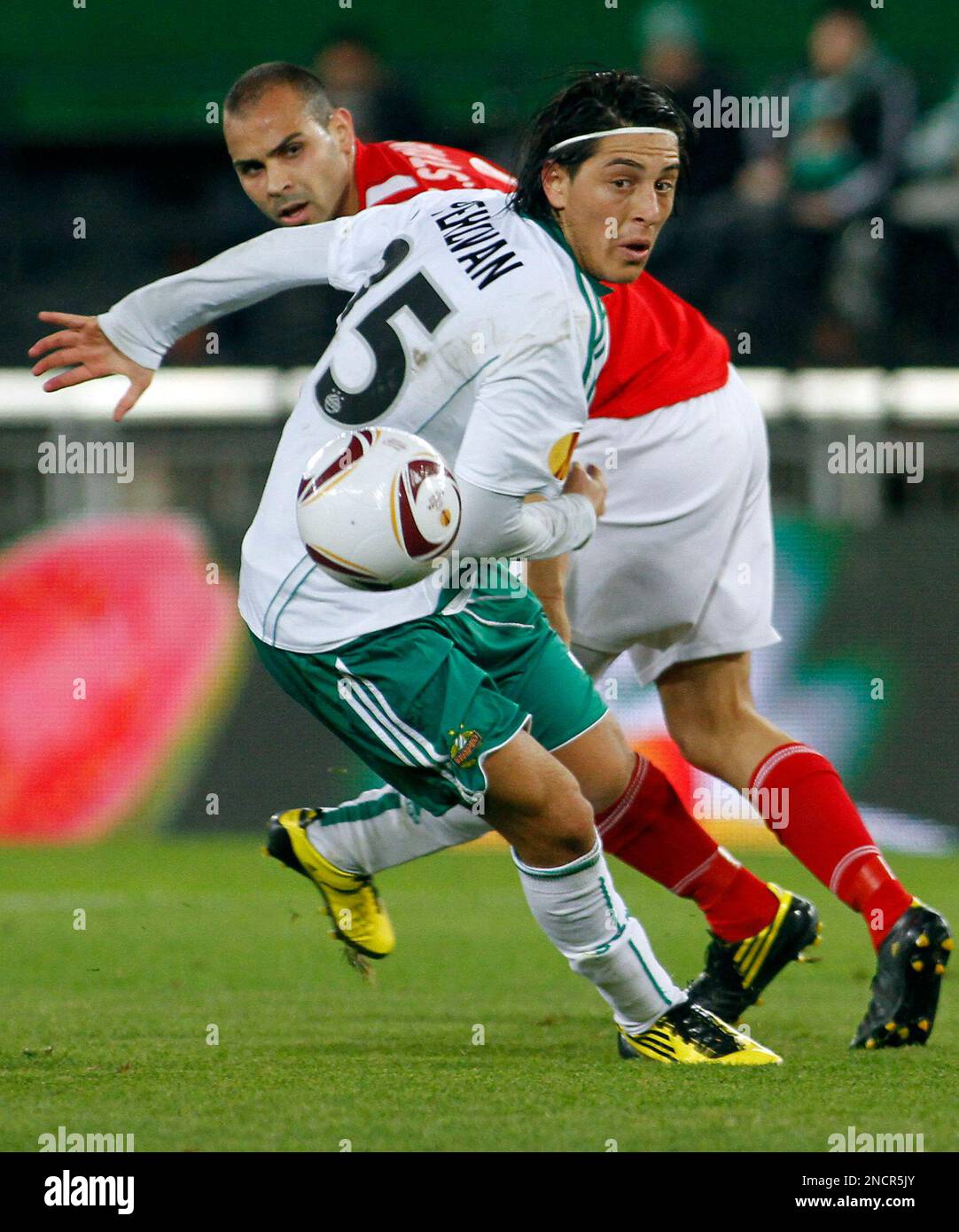 CSKA Sofia's Kostadin Stoyanov, left, challenges for the ball with ...