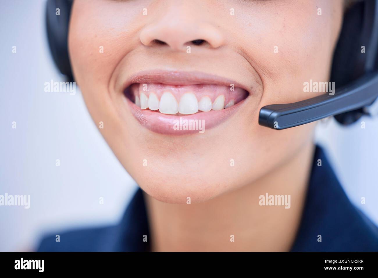 Call center, teeth and smile with mouth of black woman for ...