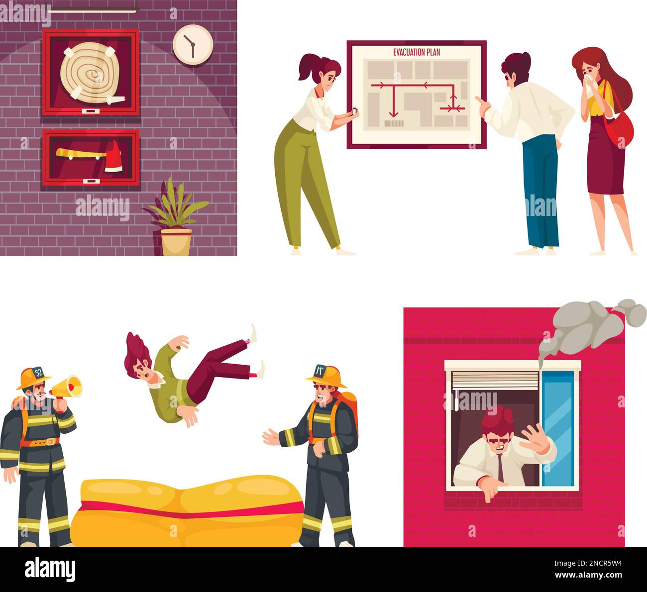 Evacuation cartoon icons set with people escaping burning house ...