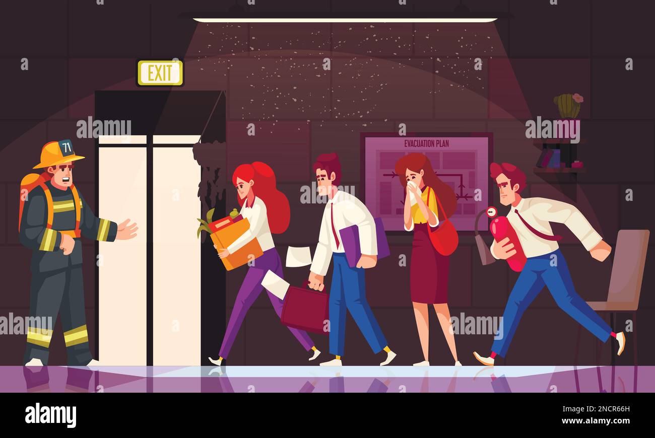 Evacation cartoon concept with office workers leaving the building ...