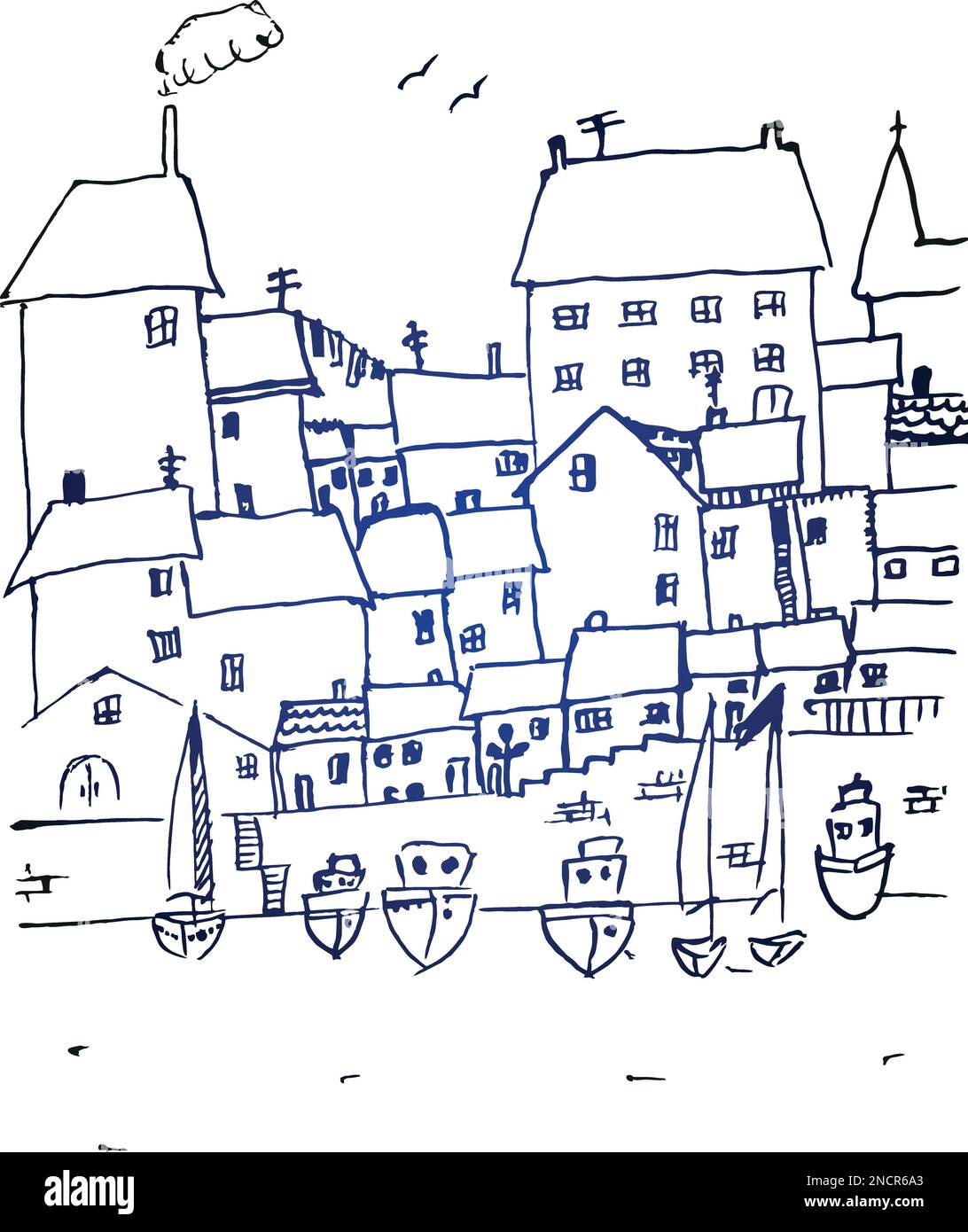 Vector sketch of embankment and medieval buildings. The former center ...