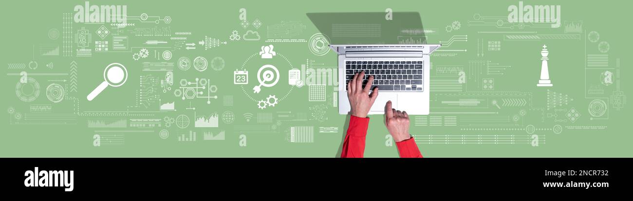 Top view of hands using laptop with symbol of action plan concept Stock ...