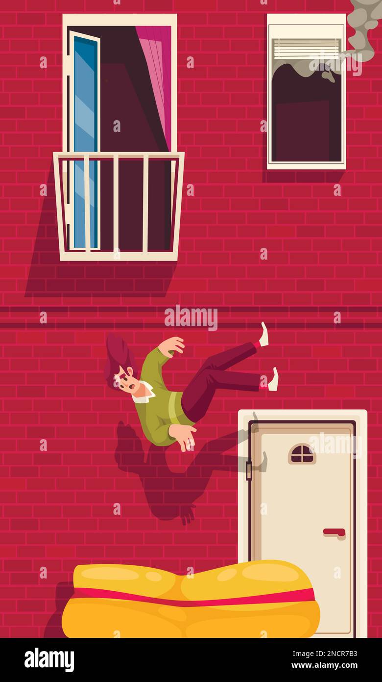Evacuation cartoon poster with man jumping out of the window vector ...
