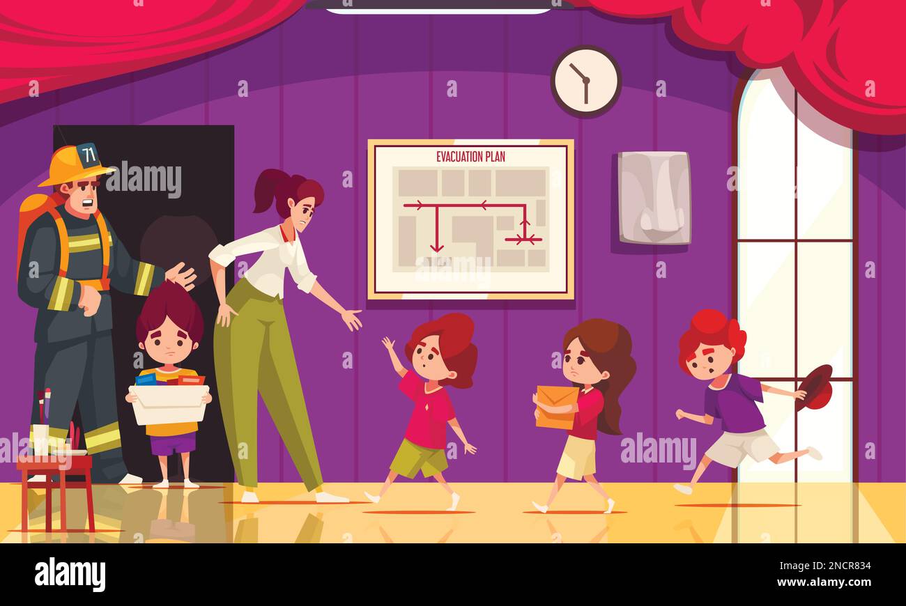 Evacuation training cartoon with school teacher children and ...