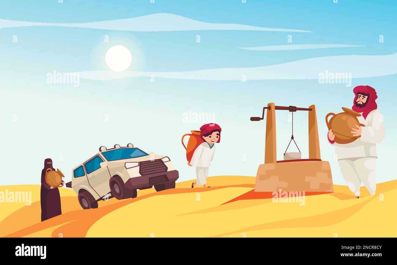 Desert cartoon concept with people in traditional clothes and modern ...