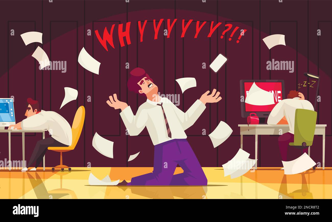 Office stress cartoon concept with burnout office employee vector ...