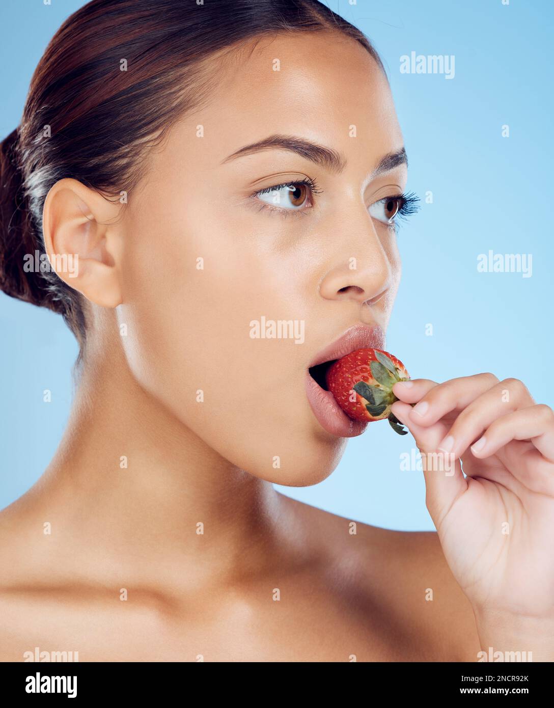 Strawberry, woman and fruit of a model eating healthy food for diet and ...