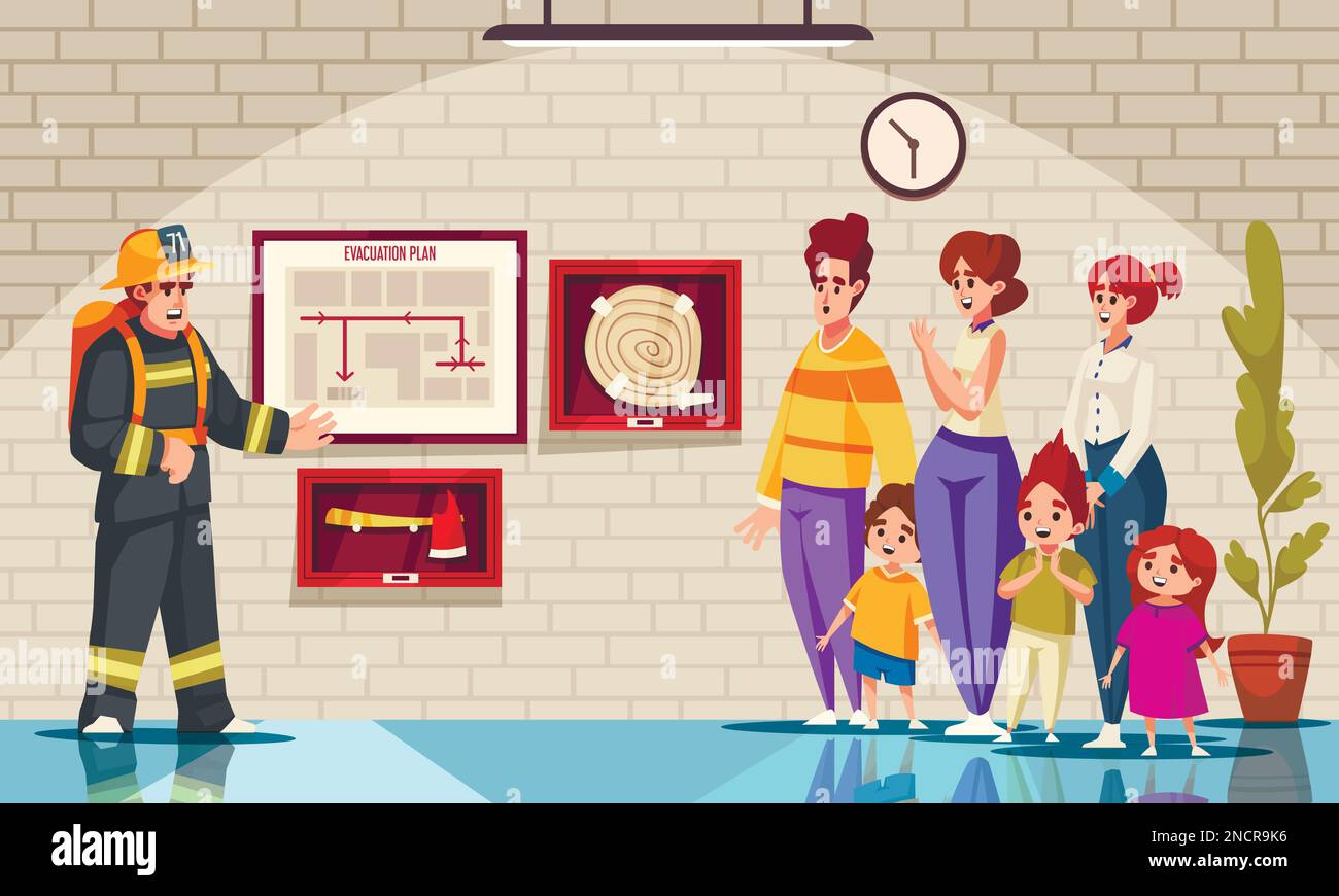 Fire alarm evacuation cartoon concept with fireman instructing kids and ...