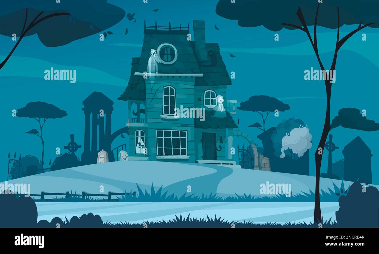 Scary house cartoon scene with horror building and cemetery on ...