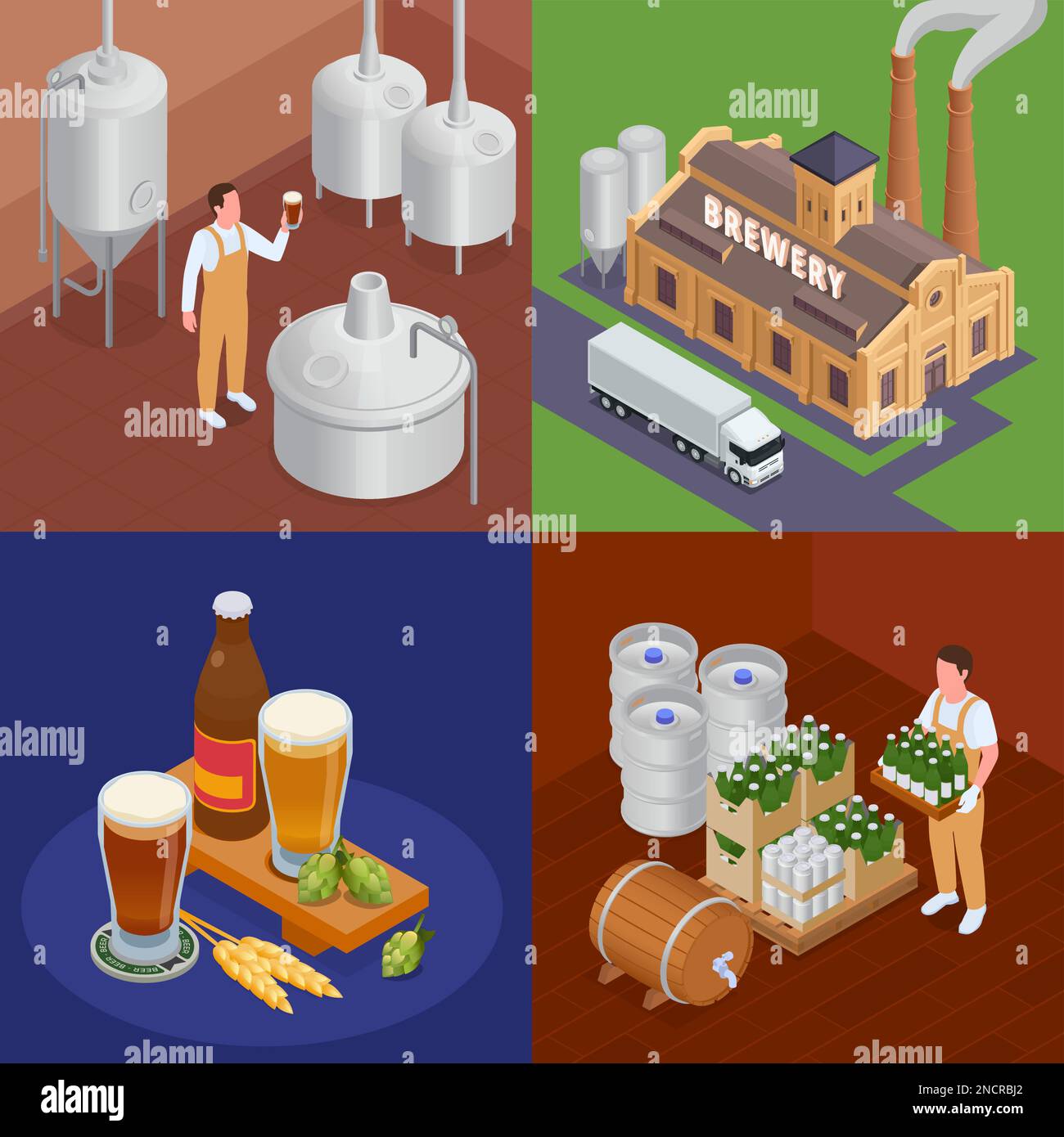 Brewery building equipment glasses and bottles of beer isometric 2x2 ...