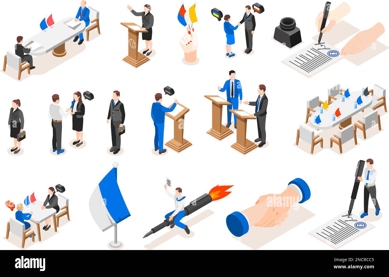 Diplomacy and diplomat isometric icon set people at the negotiating ...