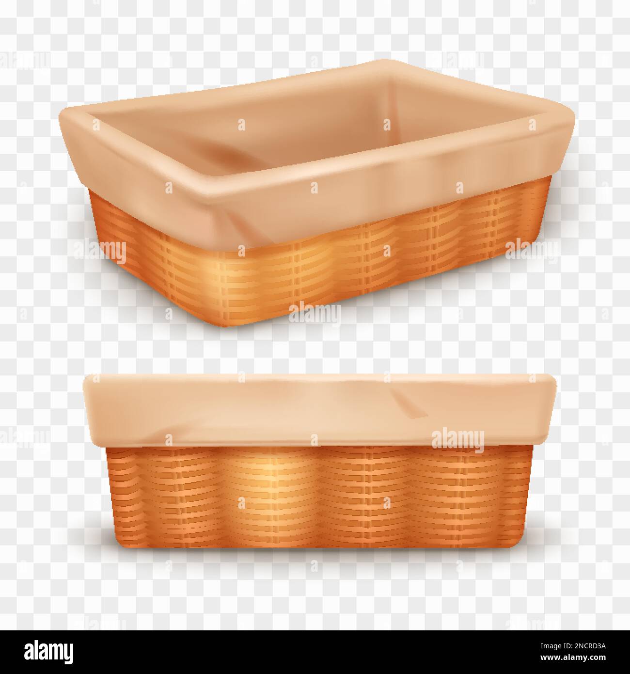 Realistic set of two wicker baskets with linen cloth side and top views ...