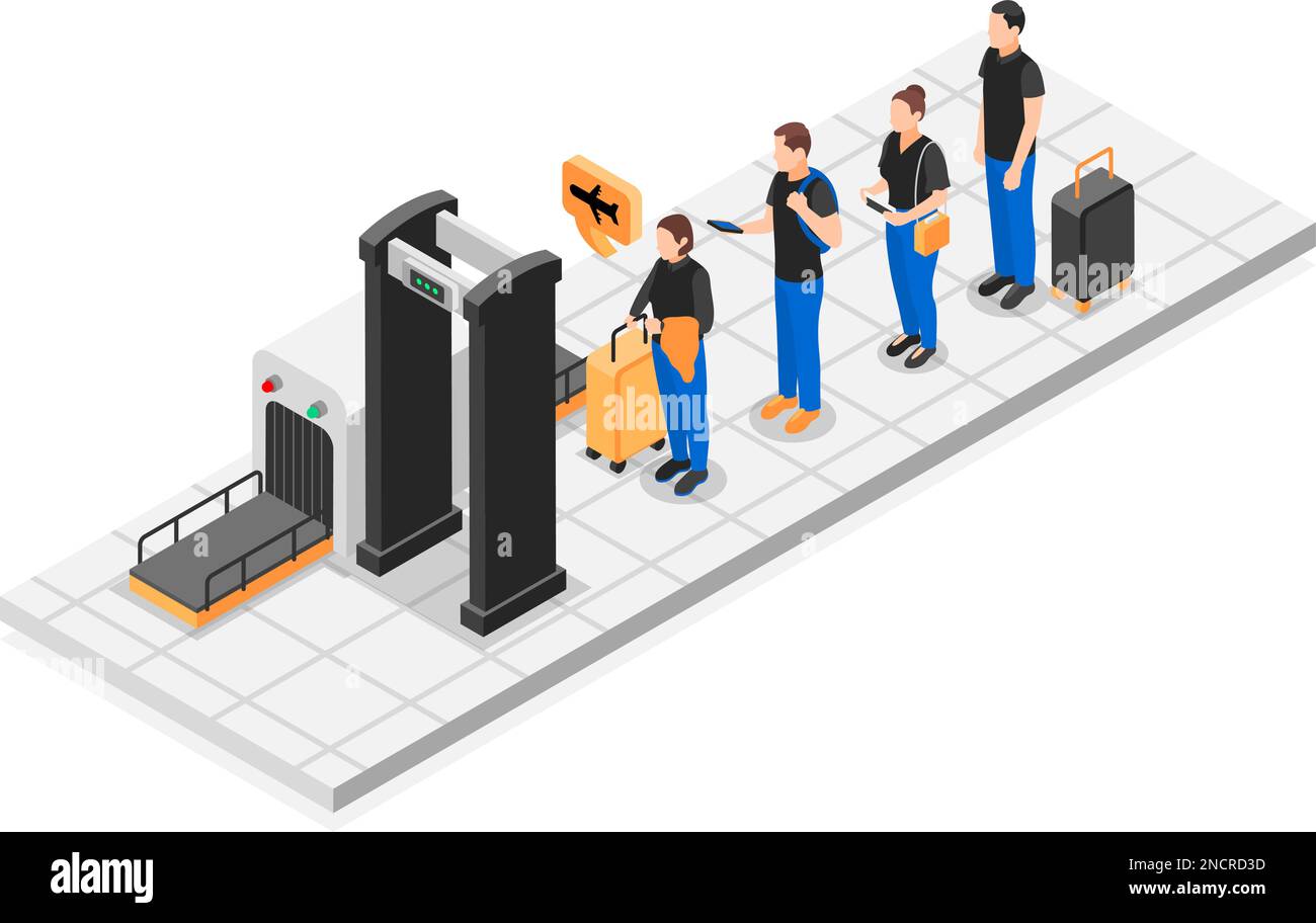 Queue isometric concept people standing in line in front of the metal ...