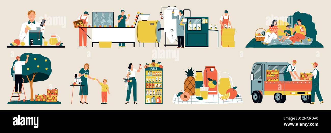 Juice production color set with fruit symbols flat isolated vector ...