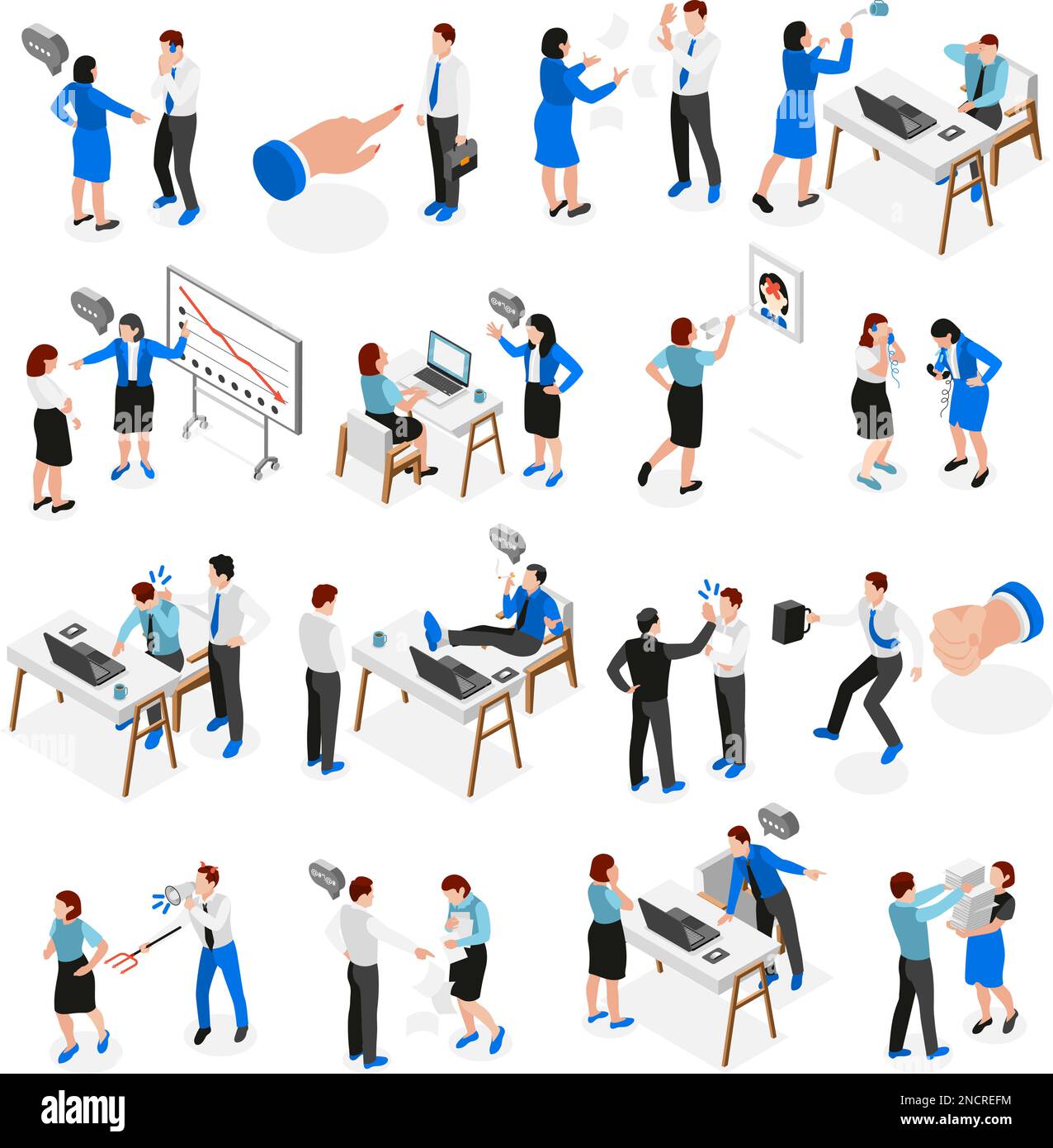 Bad boss isometric icon set bad manager scolds, shouts and beats his ...