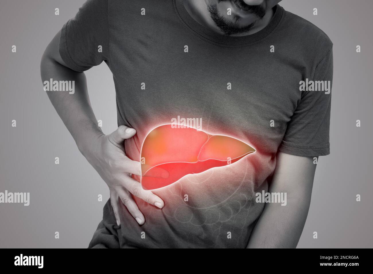 The illustration of liver is on the man's body against gray background ...
