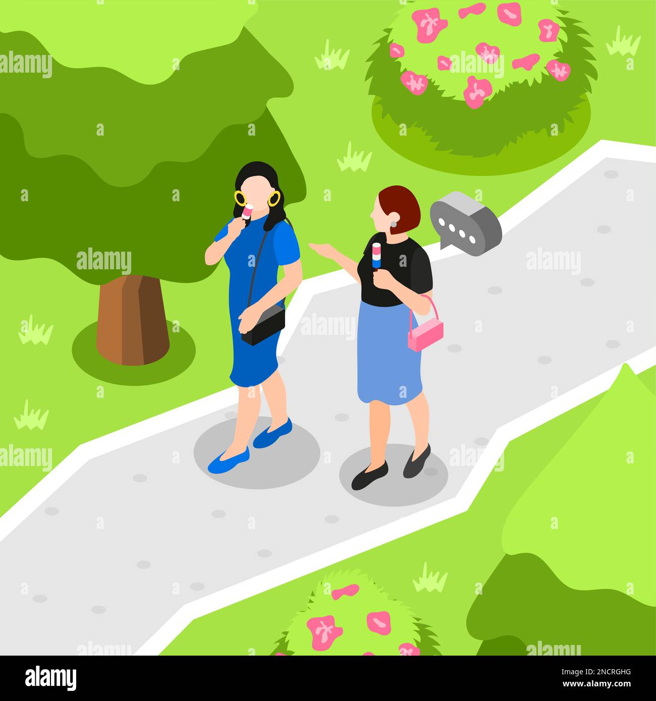 Female friends isometric and colored composition friends walking in the ...