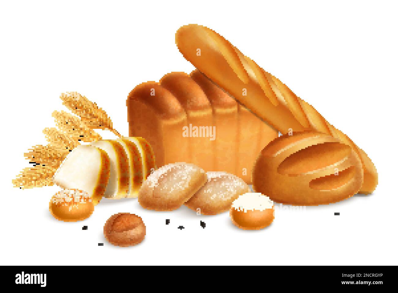 Realistic bread composition with fresh loaves buns toasts ears of wheat vector illustration ...