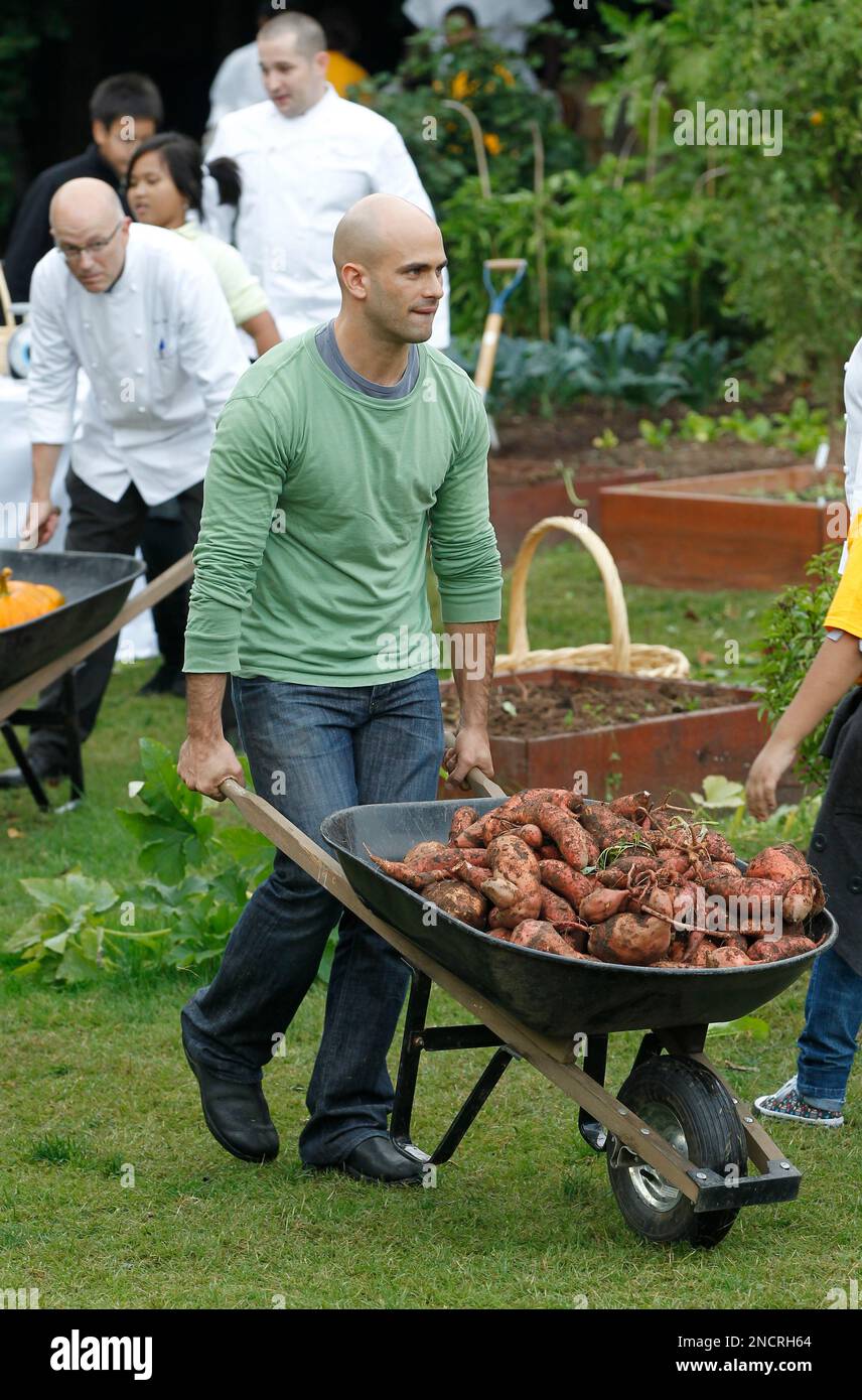 Assistant White House Chef Sam Kass carries sweet potatoes as he works ...